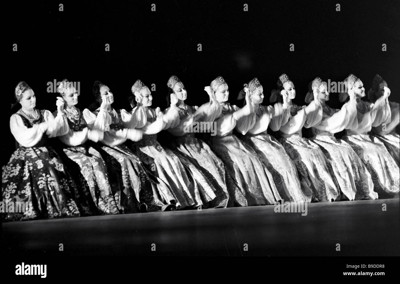 Dancers of the Beryozka Dance Company performing the dance Pryalitsa ...