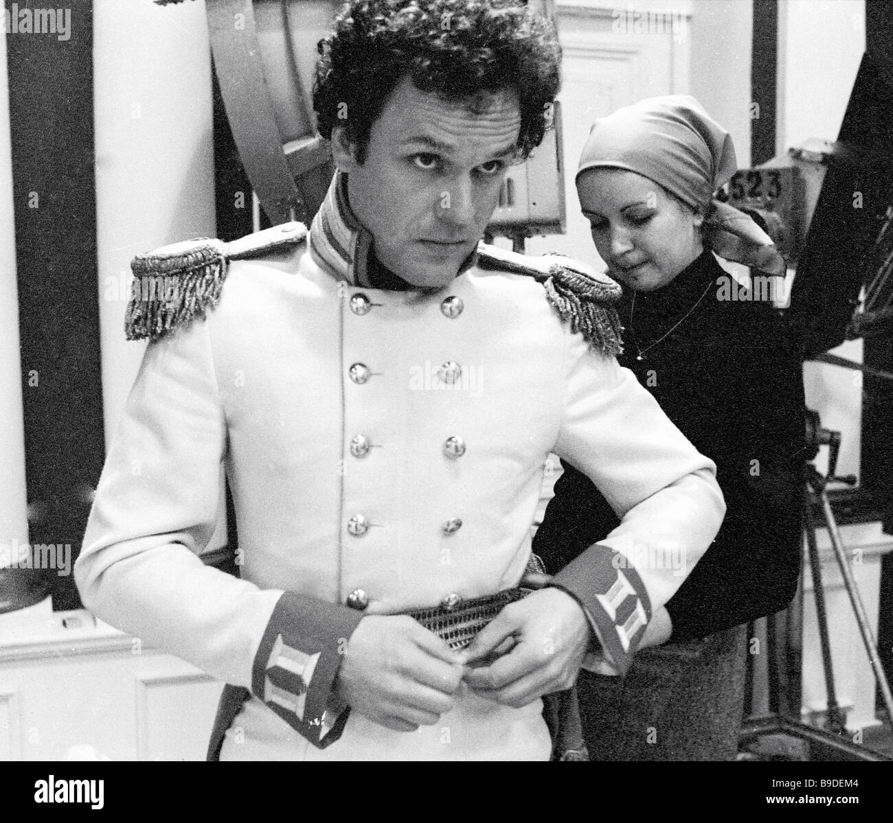 Actor Nikolai Yeremenko tries on the costume of Prince Bolkhovsky in ...