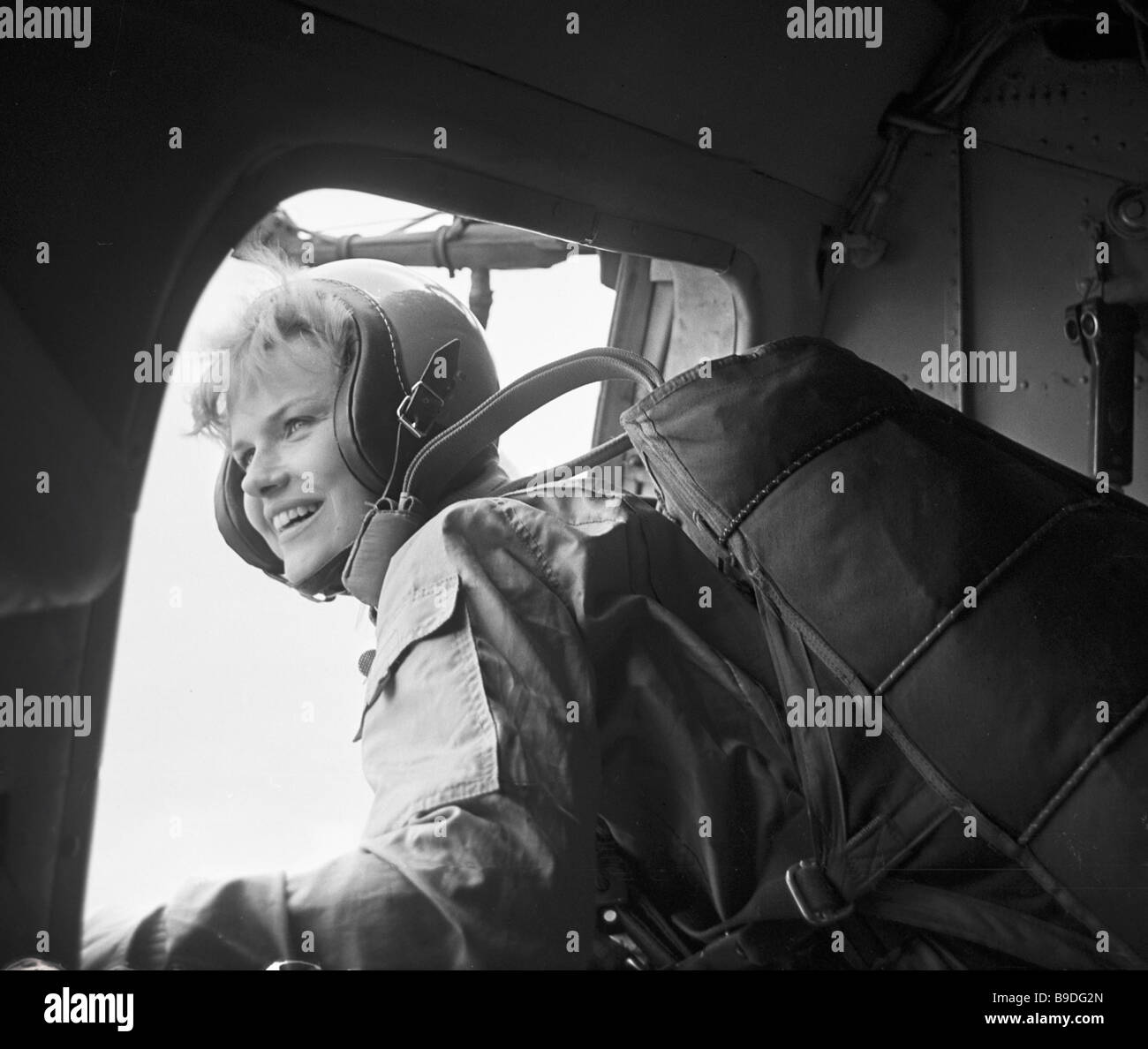 Soviet actress Alexandra Yakovleva jumping with a parachute in Yury ...