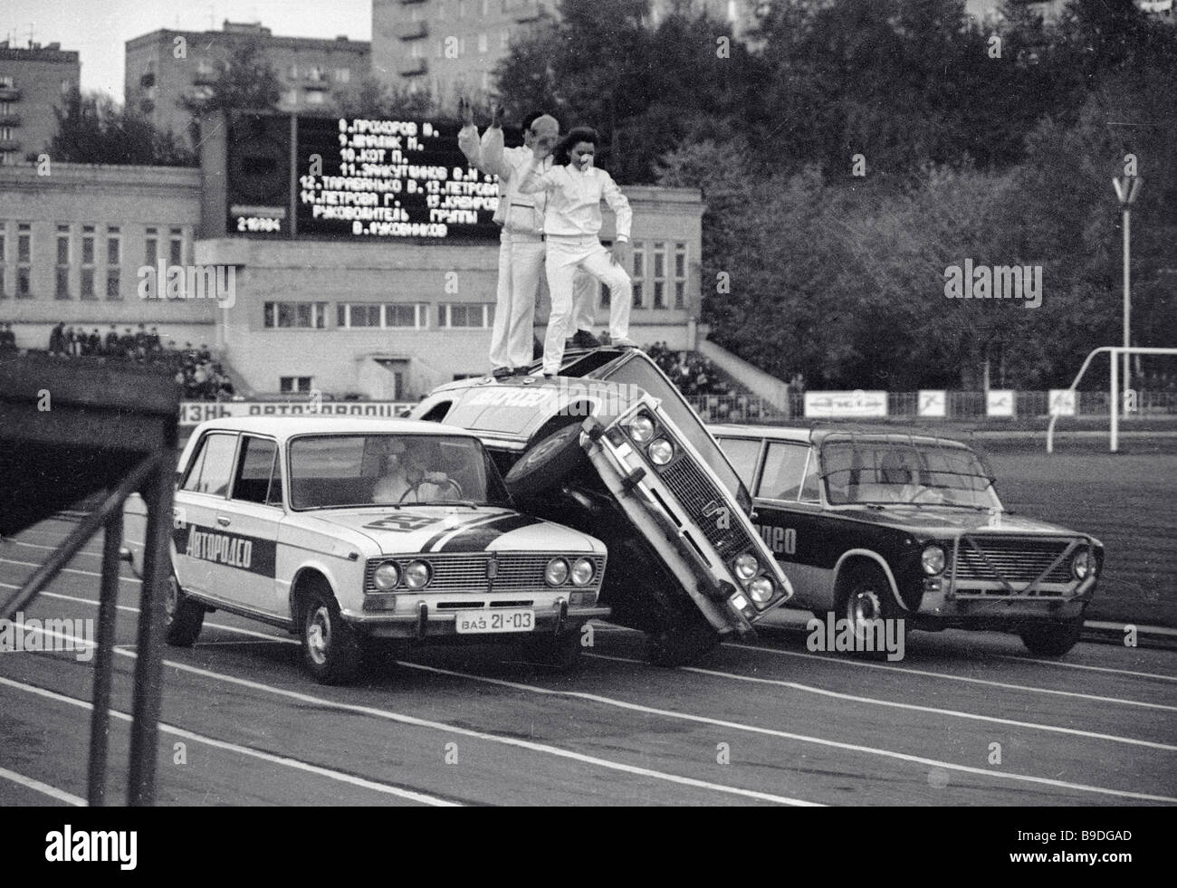 Drivers at an auto rodeo show on a training field of the 50th ...