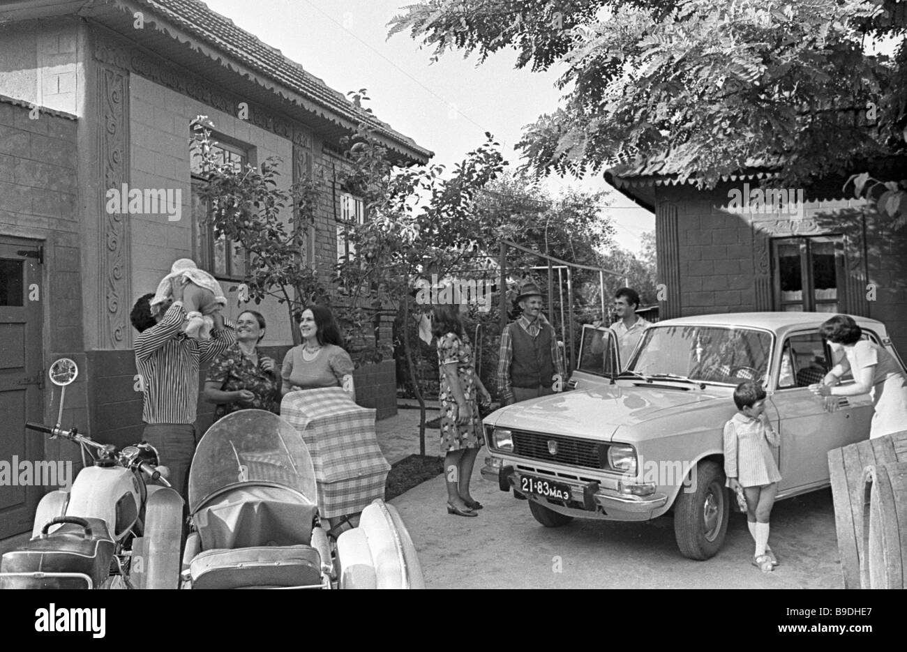 A family in the courtyard in Beshalma village a home of ethnic Gagauzes ...
