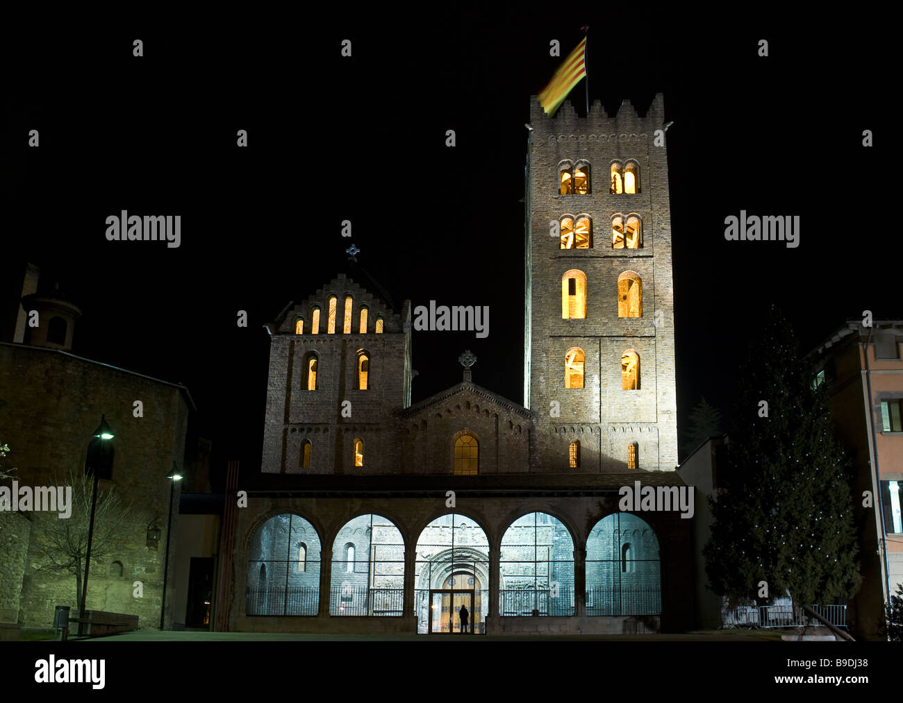 Night view of West Portal and bell tower of Monastery of Santa Maria in ...