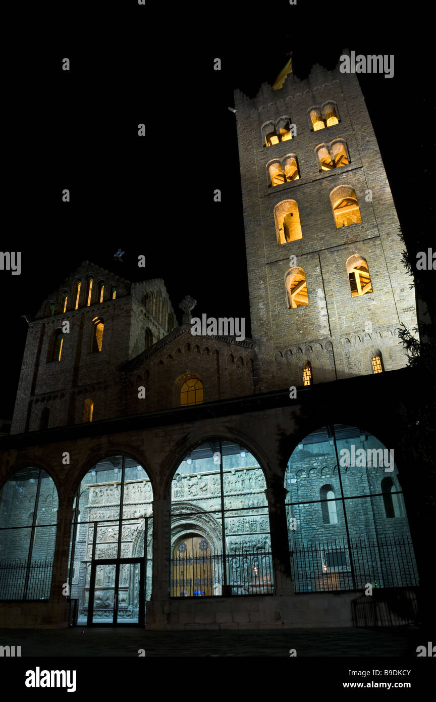 Night view of West Portal and bell tower of Monastery of Santa Maria in ...