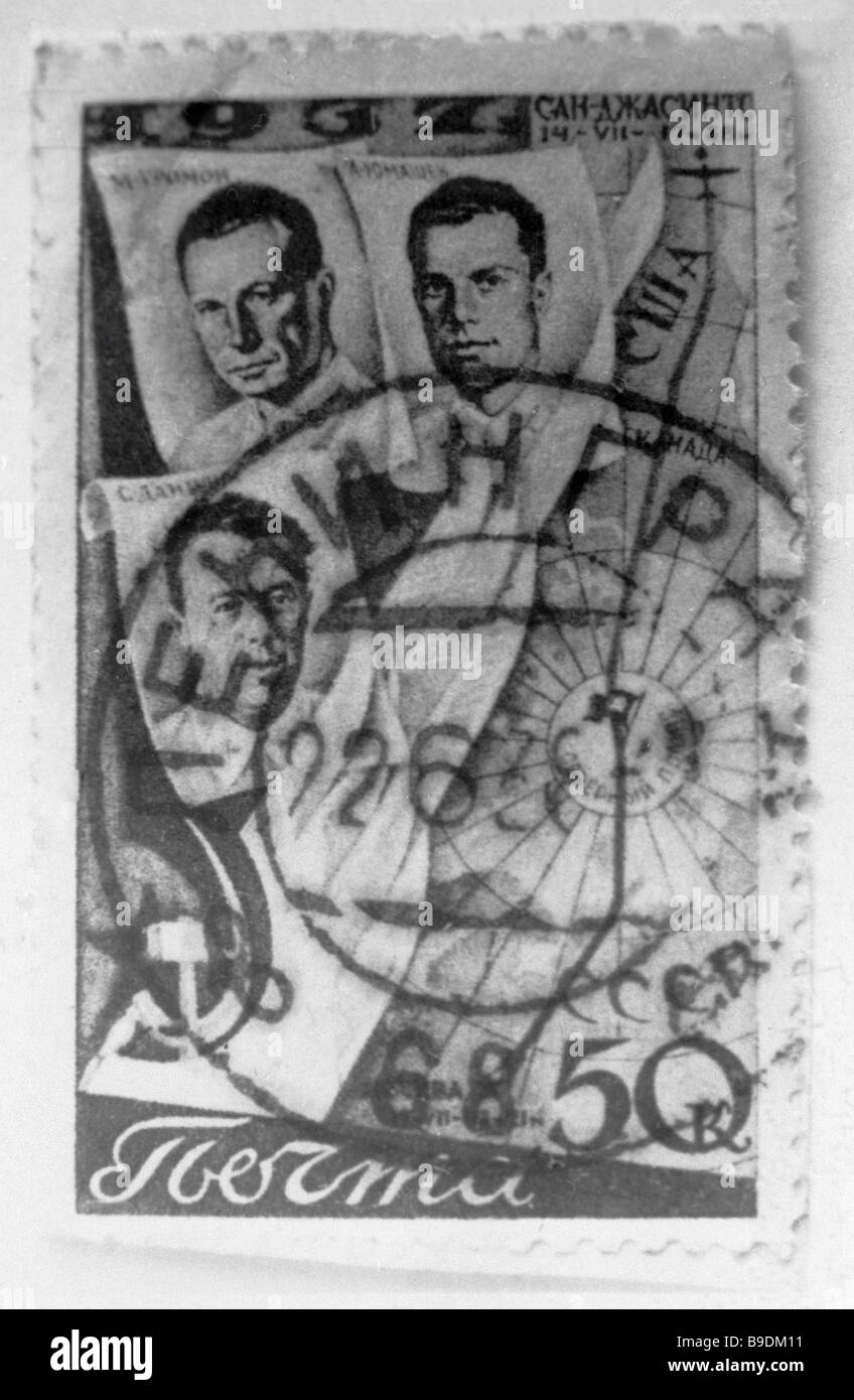 A postage stamp issued in honour of non stop flight performed in 1937 ...