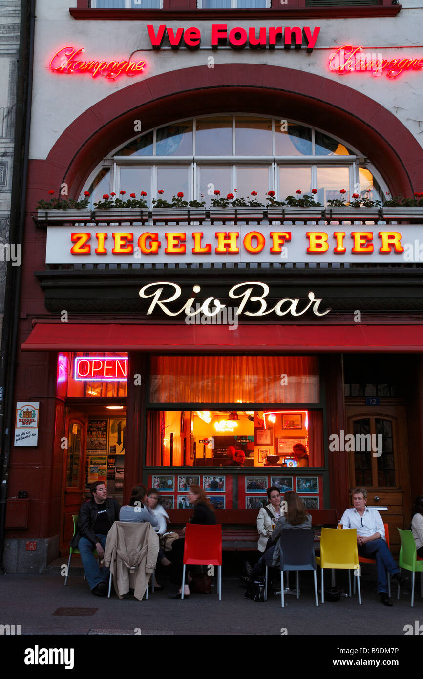 Guests sitting outside a bar at Barfüsserplatz Basel Canton Basel Stadt ...