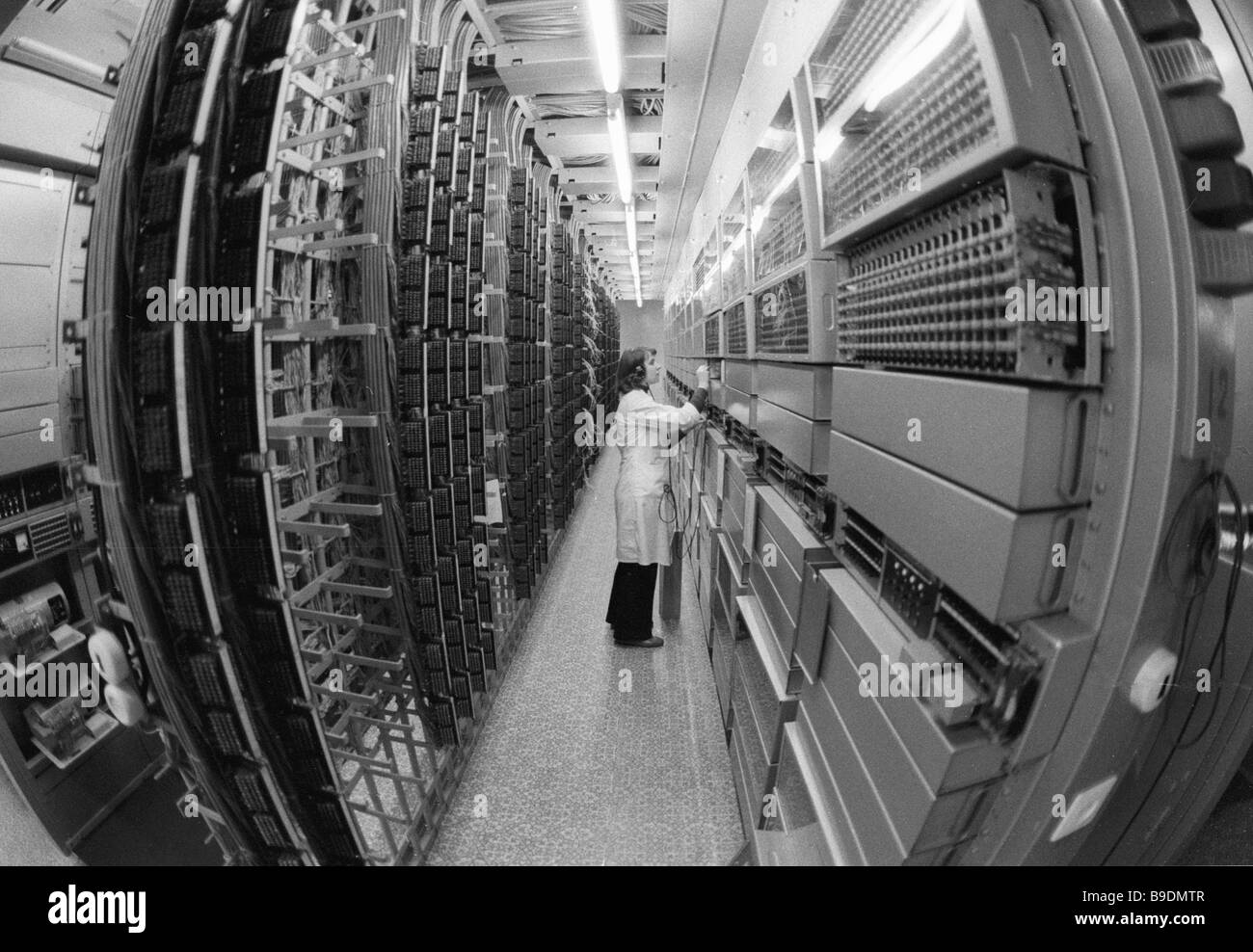 A Moscow City Telephone Network MGTS operator checking the equipment ...