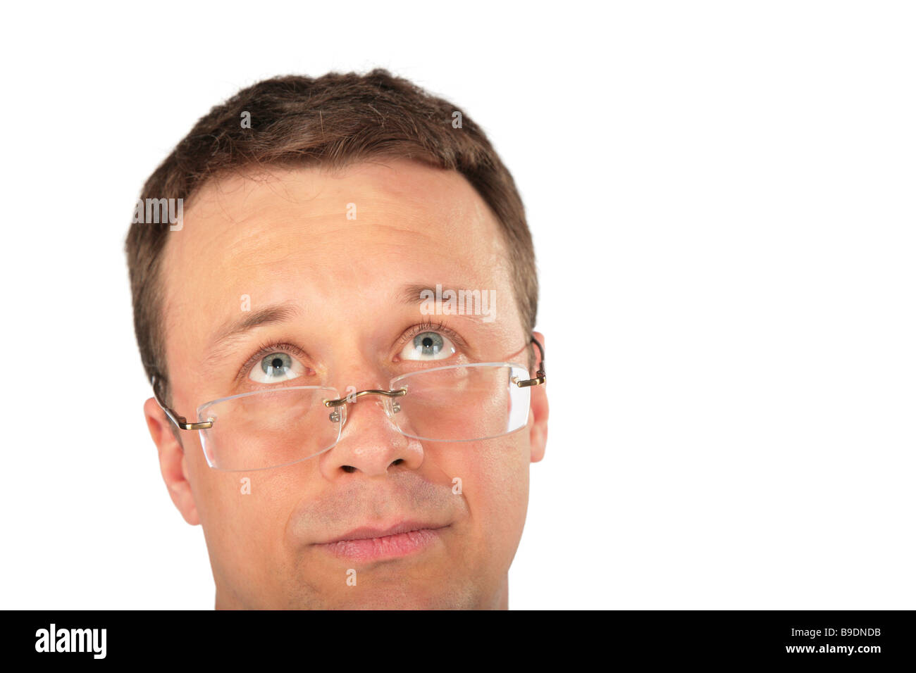 head of pensive man in glasses look up Stock Photo - Alamy