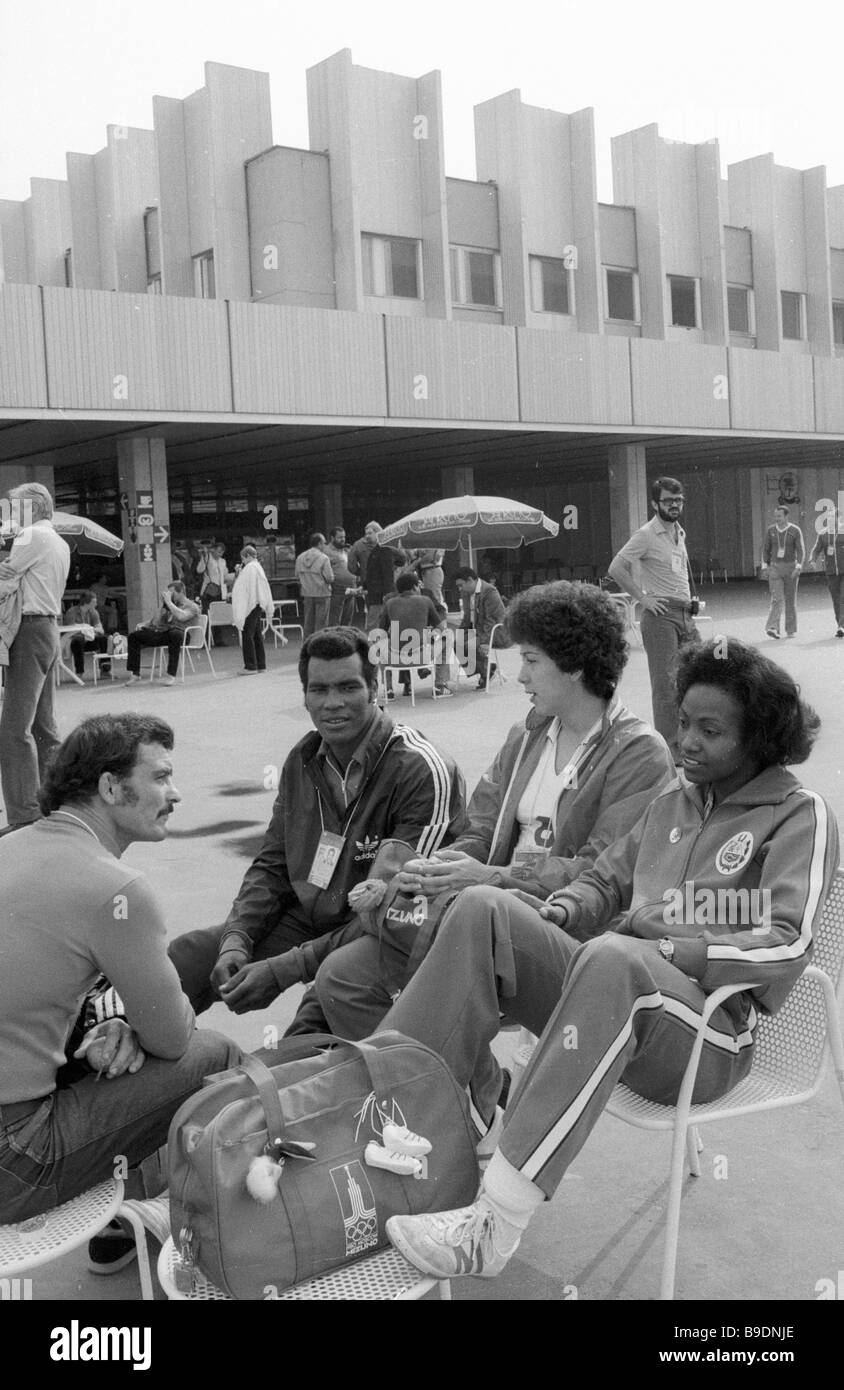 Cuban boxer Teofilo Stevenson 2nd left in the Olympic Village during ...