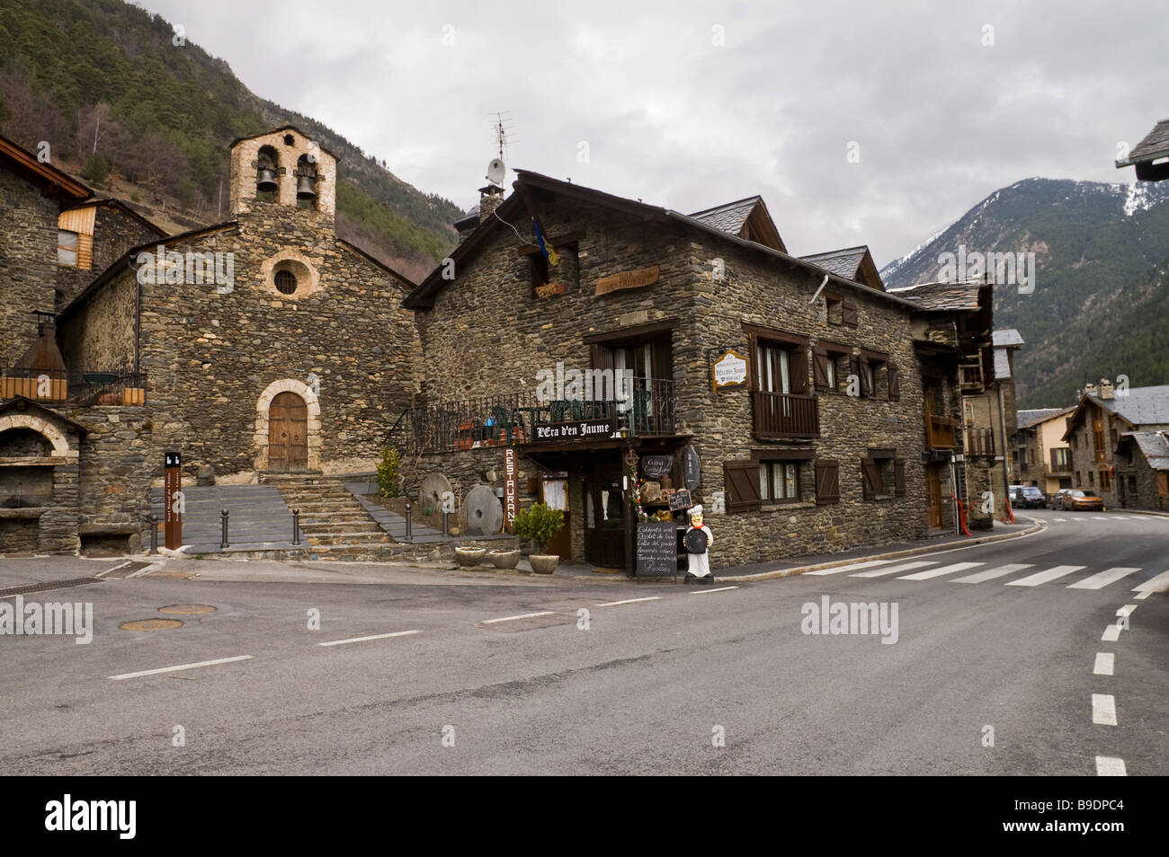 Small village Llorts in Pyrenees with 17th century church of medieval ...