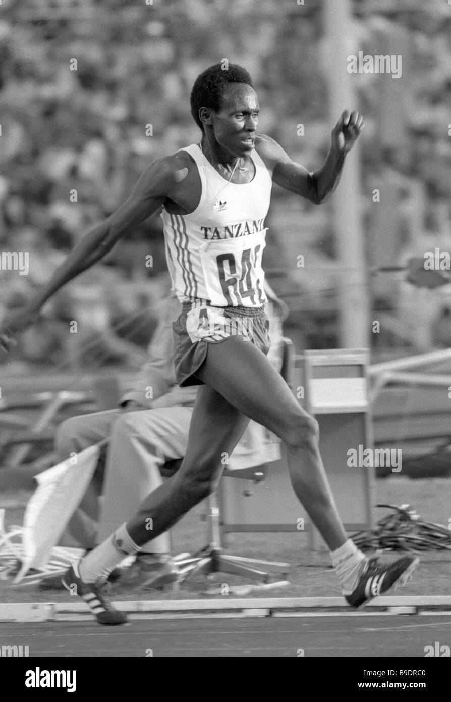 Tanzanian athlete Filbert Bayi in a 3 000 meter hurdle race at the 22nd ...
