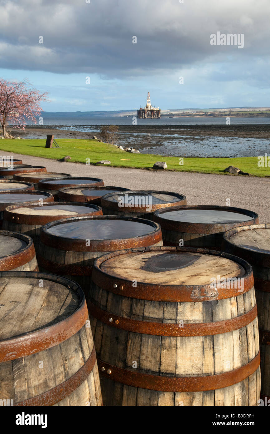 Whisky Barrels at Dalmore Distillery, in the Cromarty Firth, looking ...
