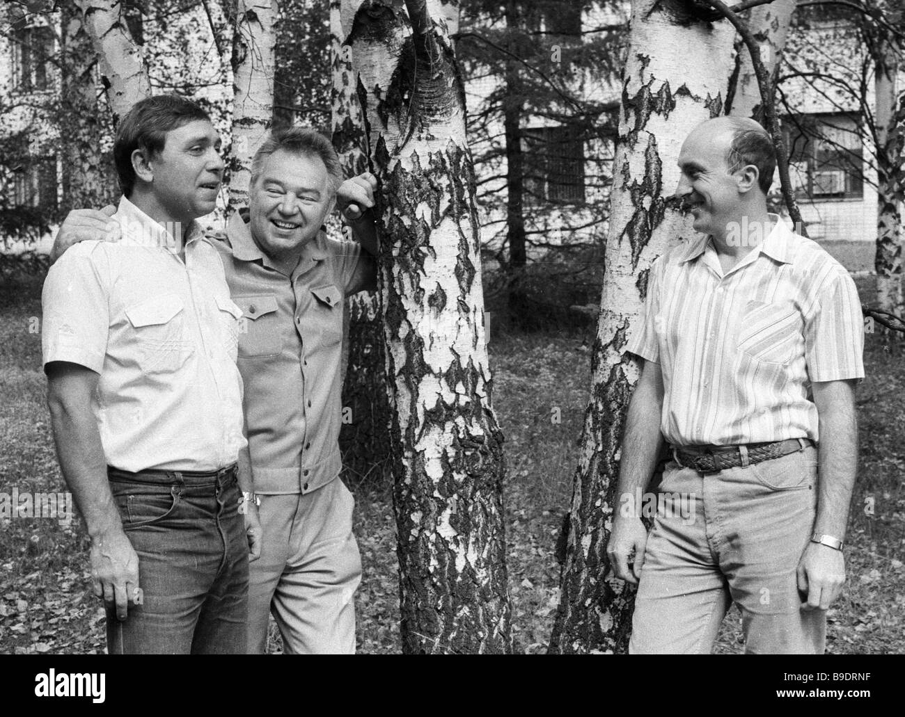 Soyuz T 14 spacecraft crew on a walk Alexander Volkov left Georgy ...