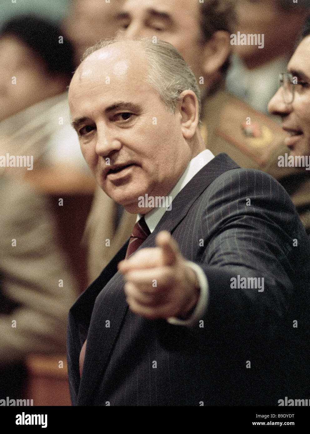 Soviet leader Mikhail Gorbachev pointing at a photographer during his ...