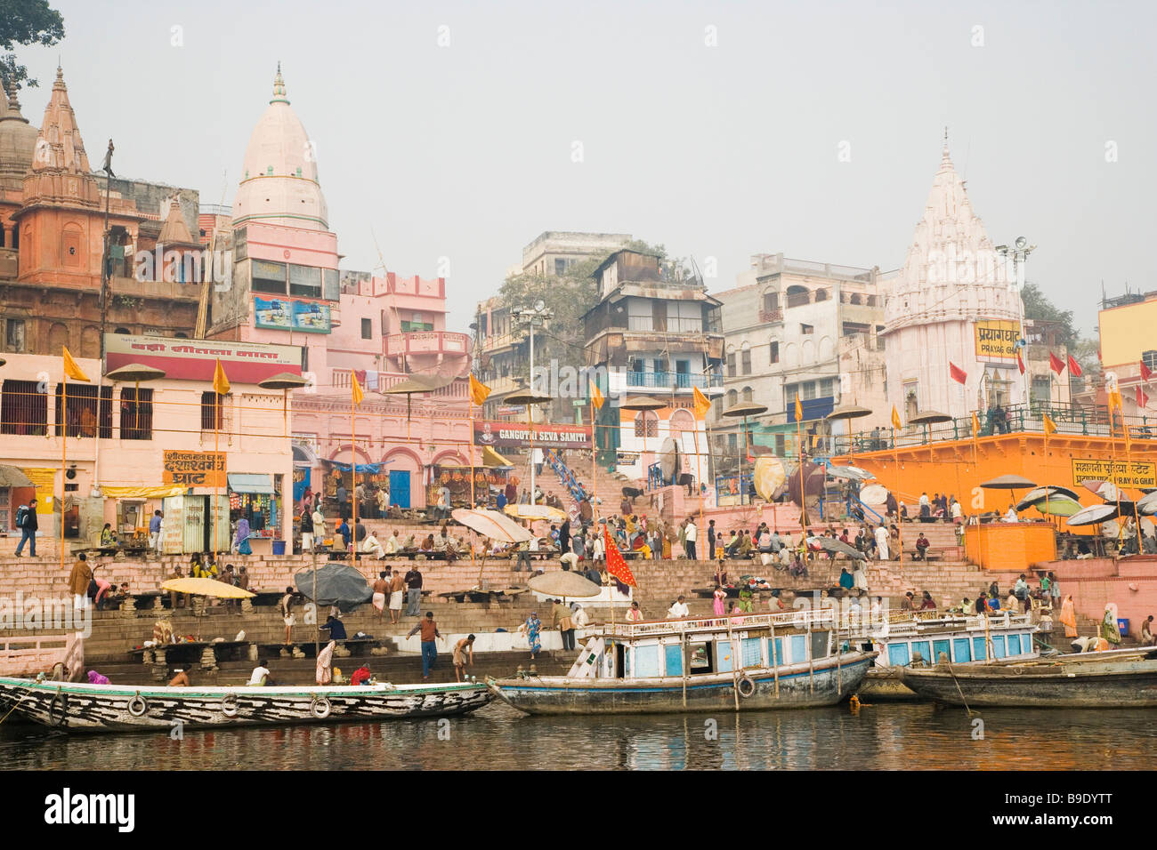 Temples at the riverbank, Das Ashvamedha Ghat, Ganges River, Varanasi ...