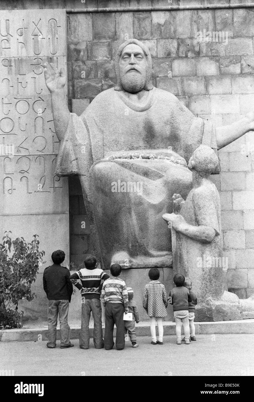 A monument to Mesrop Mashtots the inventor of the Armenian alphabet ...