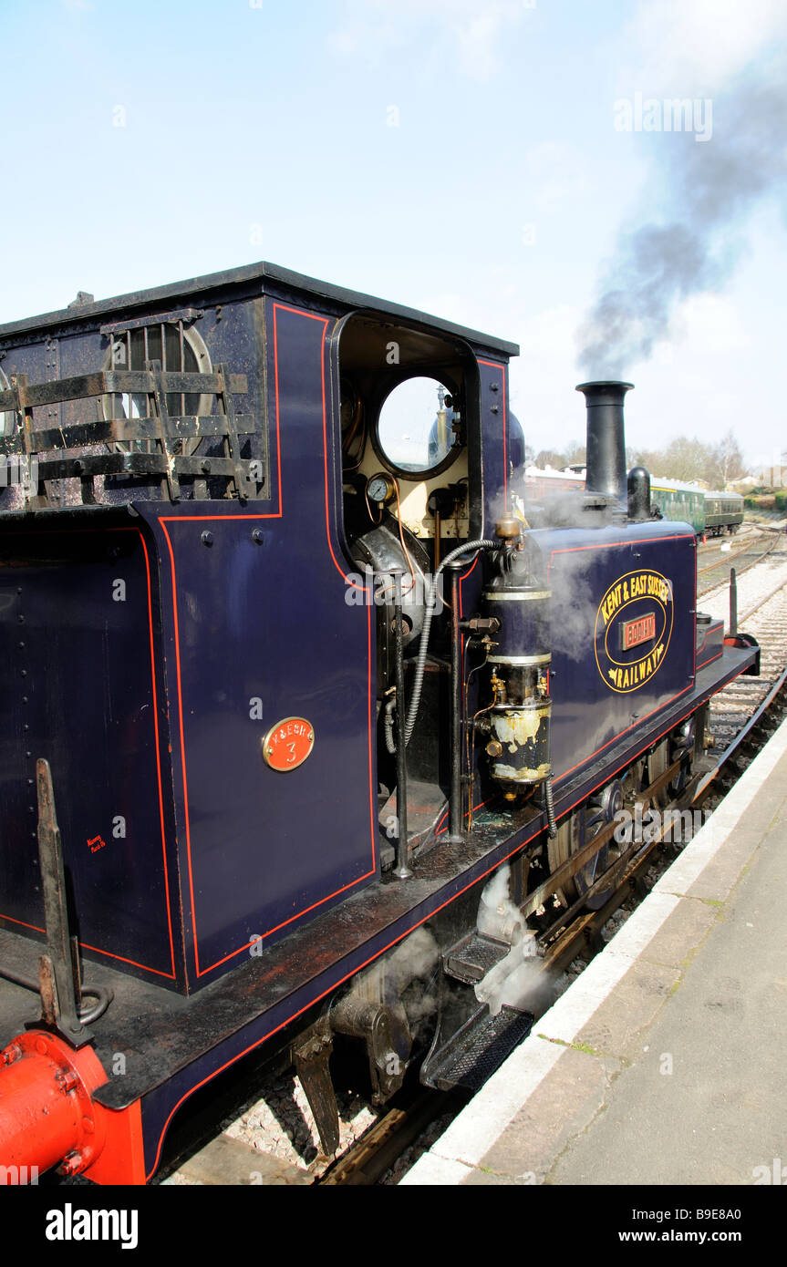 Kent East Sussex Railway a steam tank locomotive named Bodiam departing ...