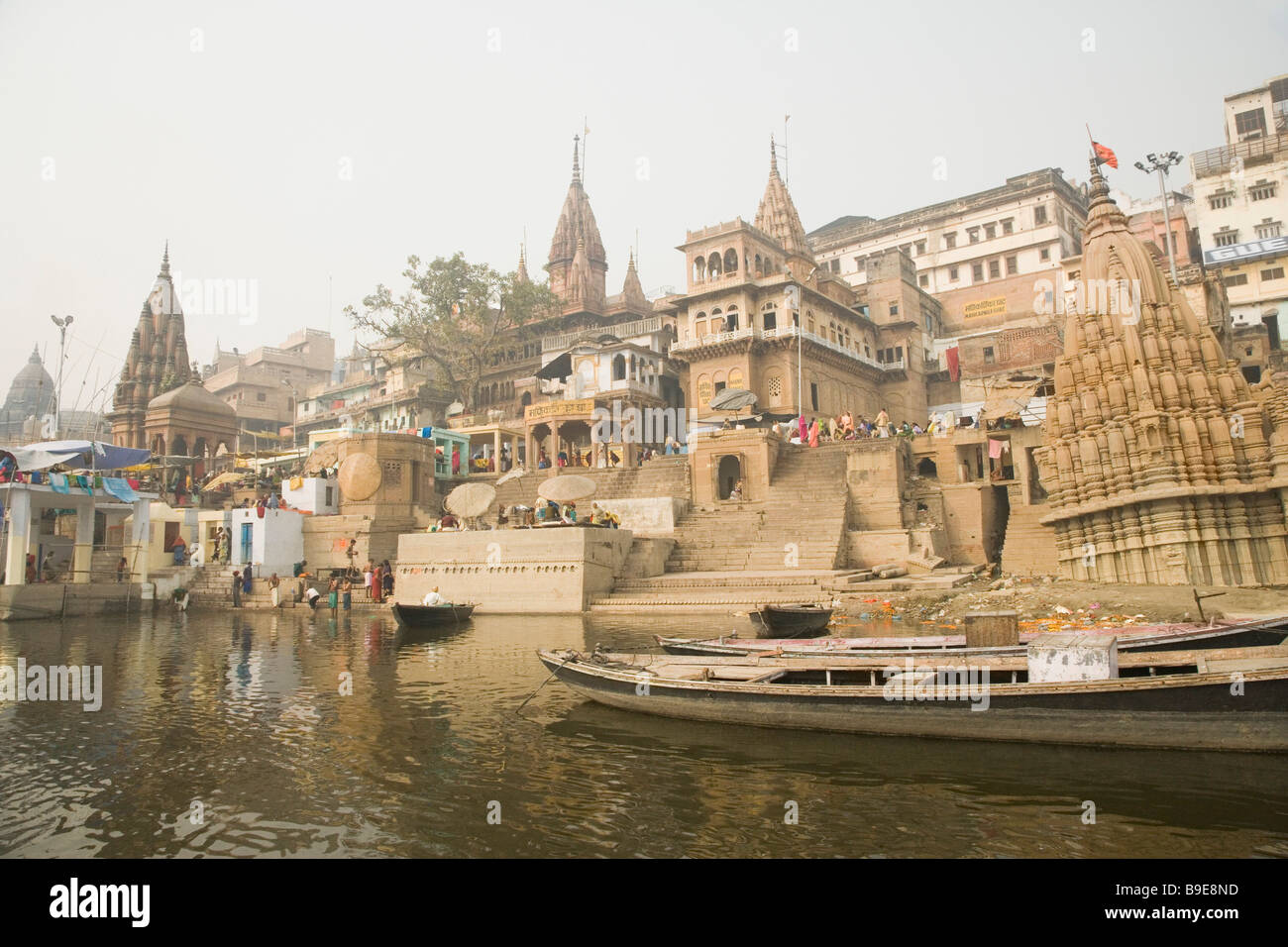 Temples at the riverbank, Scindia Ghat, Ganges River, Varanasi, Uttar ...