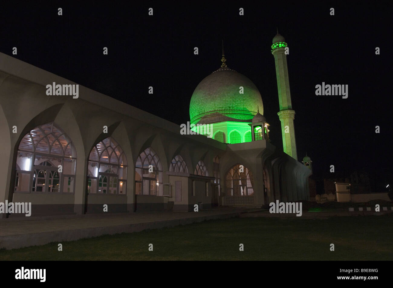 Mosque lit up at night, Hazratbal Mosque, Dal Lake, Srinagar, Jammu And ...