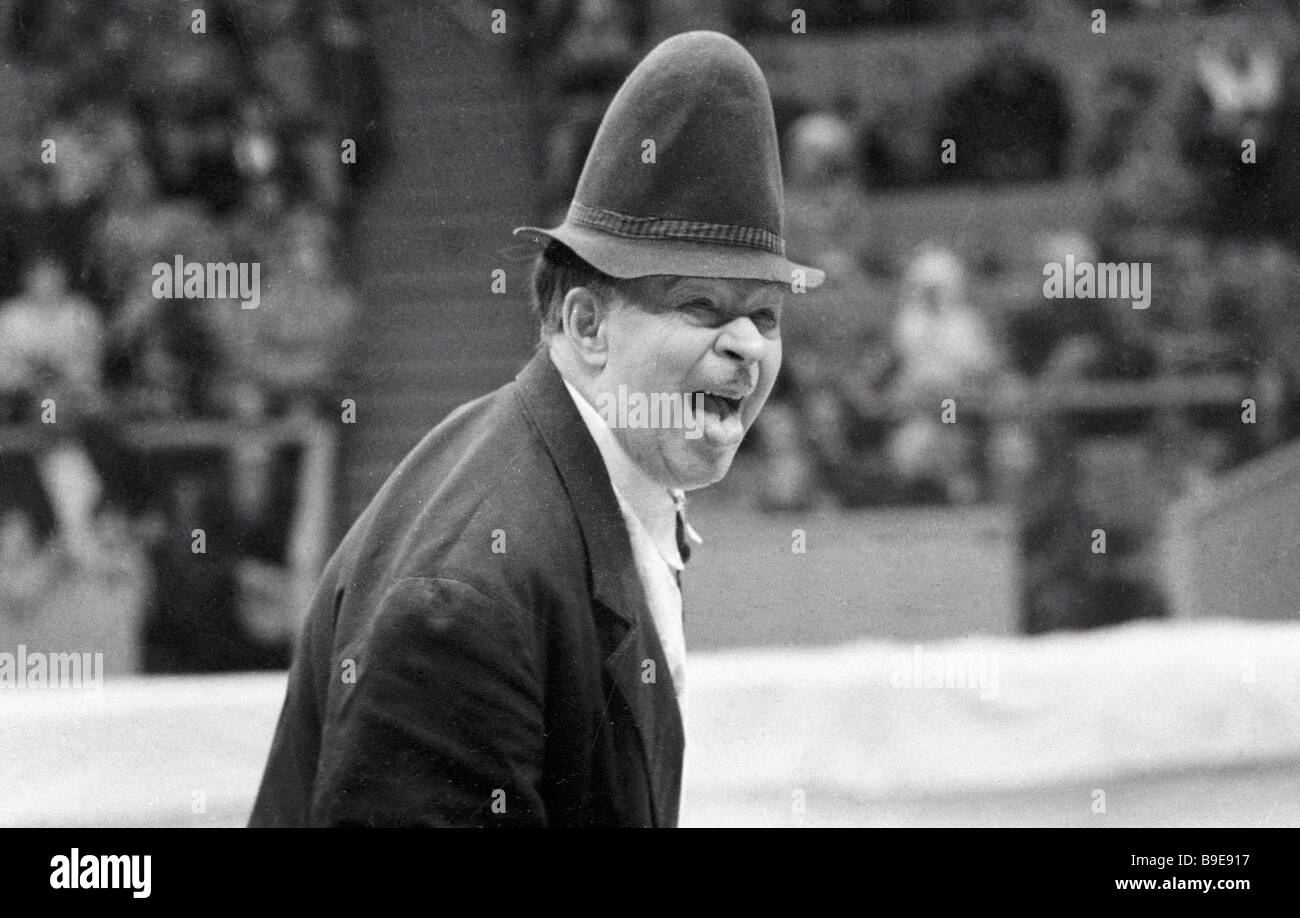 USSR popular actor Mikhail Rumyantsev Clown Pen performing on the arena ...