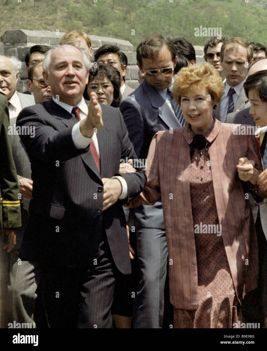 Soviet leader Mikhail Gorbachev and his wife Raisa during his official ...