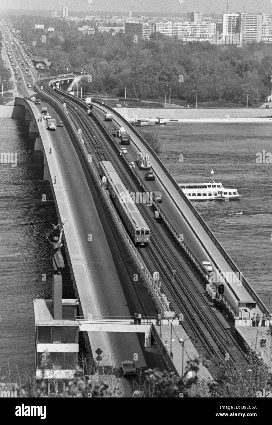 An underground train bridge is one of the bridges in Kiev with railway ...
