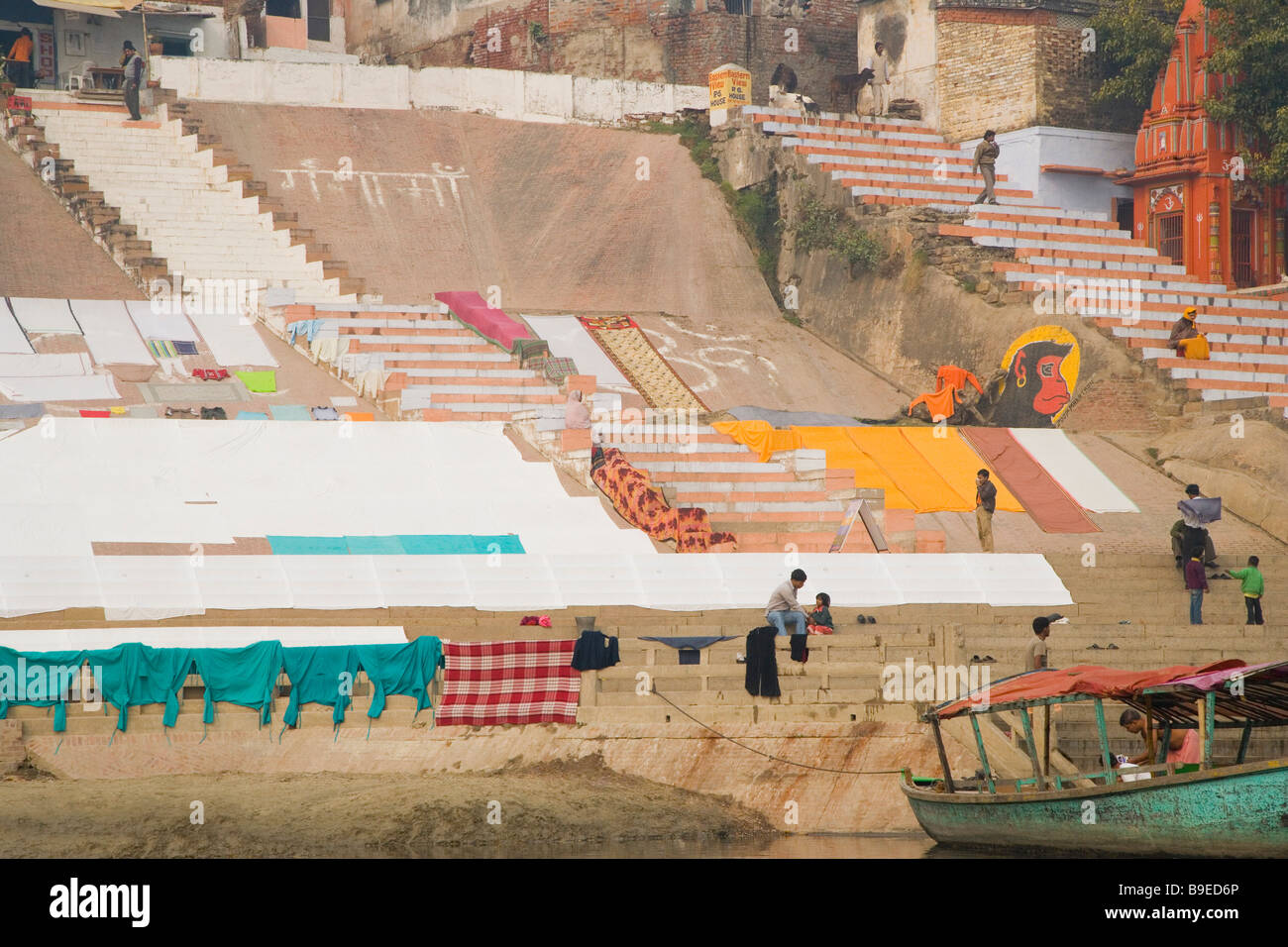 Laundry drying on a ghat, Ganges River, Varanasi, Uttar Pradesh, India ...