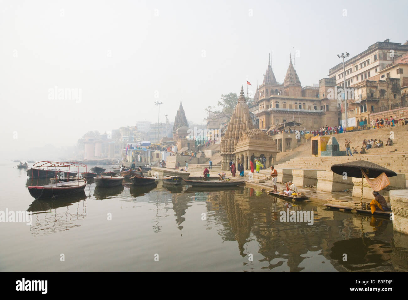 Temples at the riverbank, Scindia Ghat, Ganges River, Varanasi, Uttar ...
