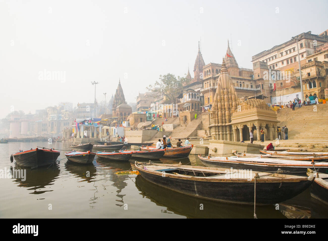 Temples at the riverbank, Scindia Ghat, Ganges River, Varanasi, Uttar ...
