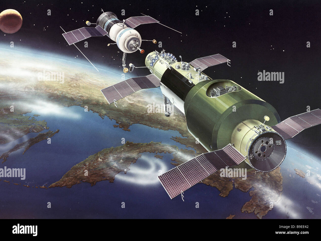 Orbital docking of the Soyuz 10 spaceship and the Salyut orbital ...