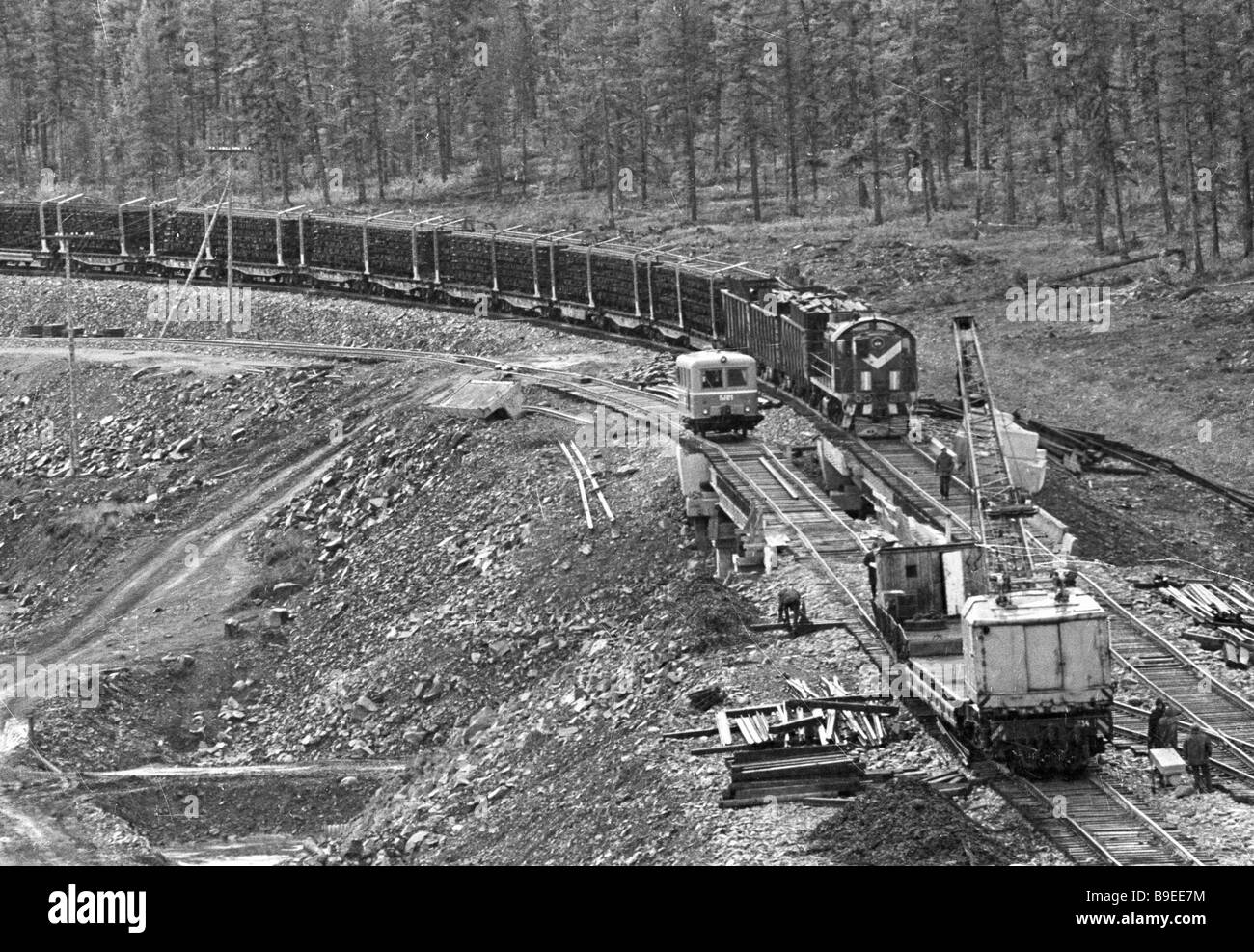A freight train moving along a new four kilometer line from the Baikal ...
