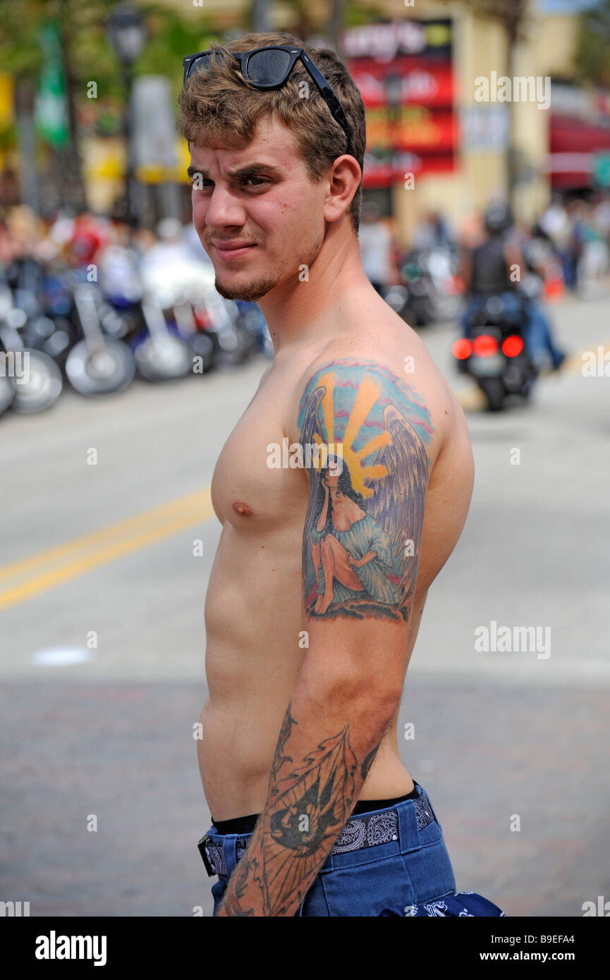Daytona Beach Florida Biker Week motorcycle pilgrimage male with tattoo ...