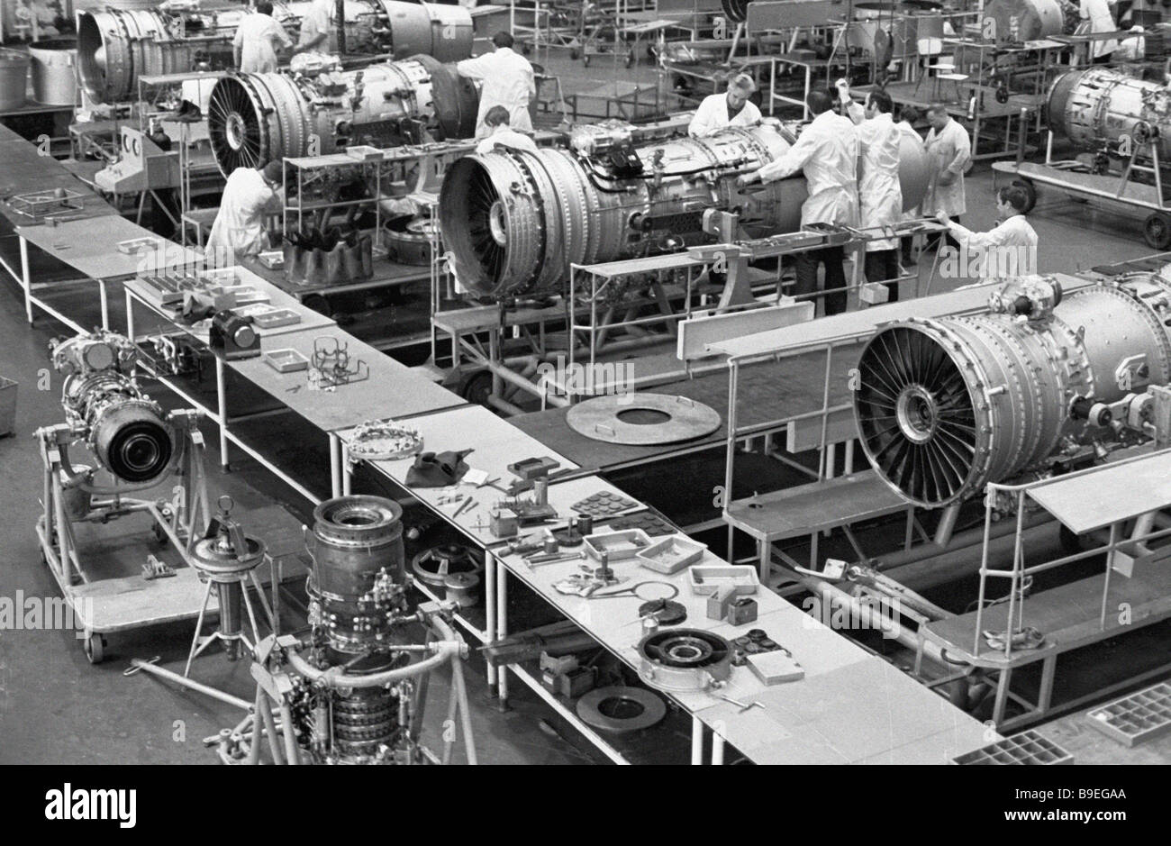 Workers of the Perm engine plant assembling aircraft engines for TU 124 ...