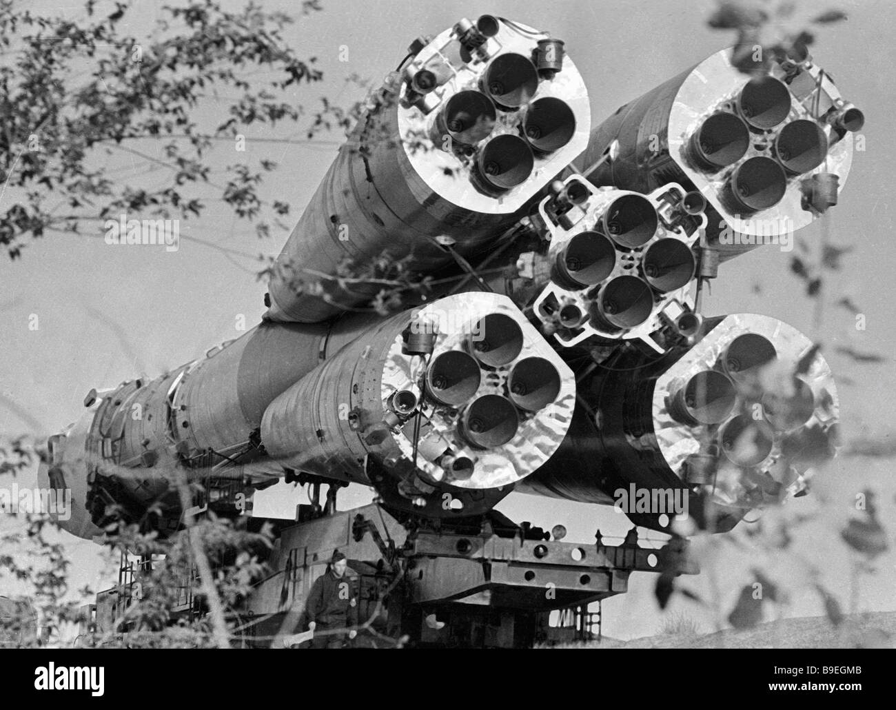 Soyuz 18 spacecraft complete with a launch vehicle before lifting off ...