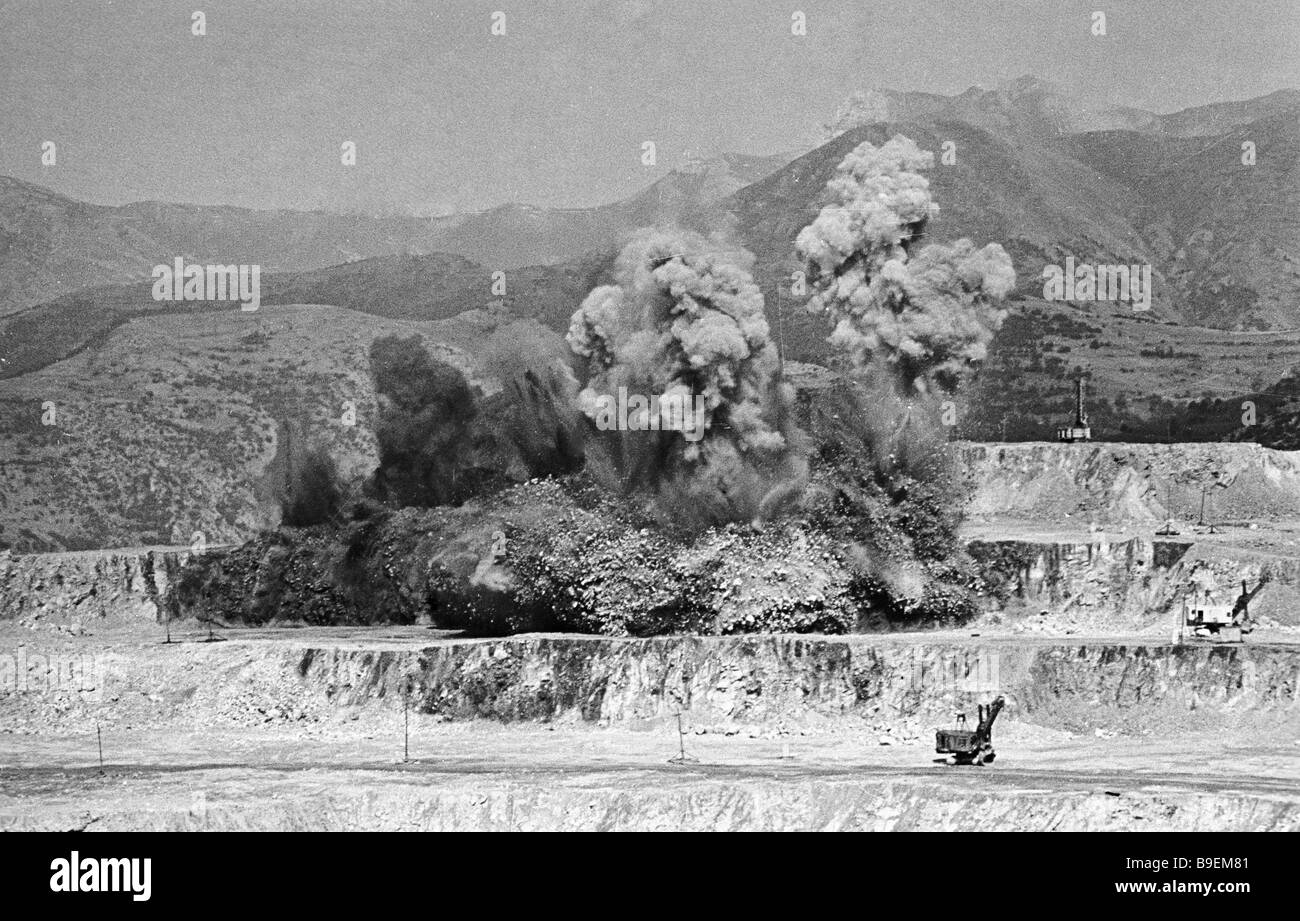 Explosion carried out in an open pit mine of the Kadzharan copper and ...