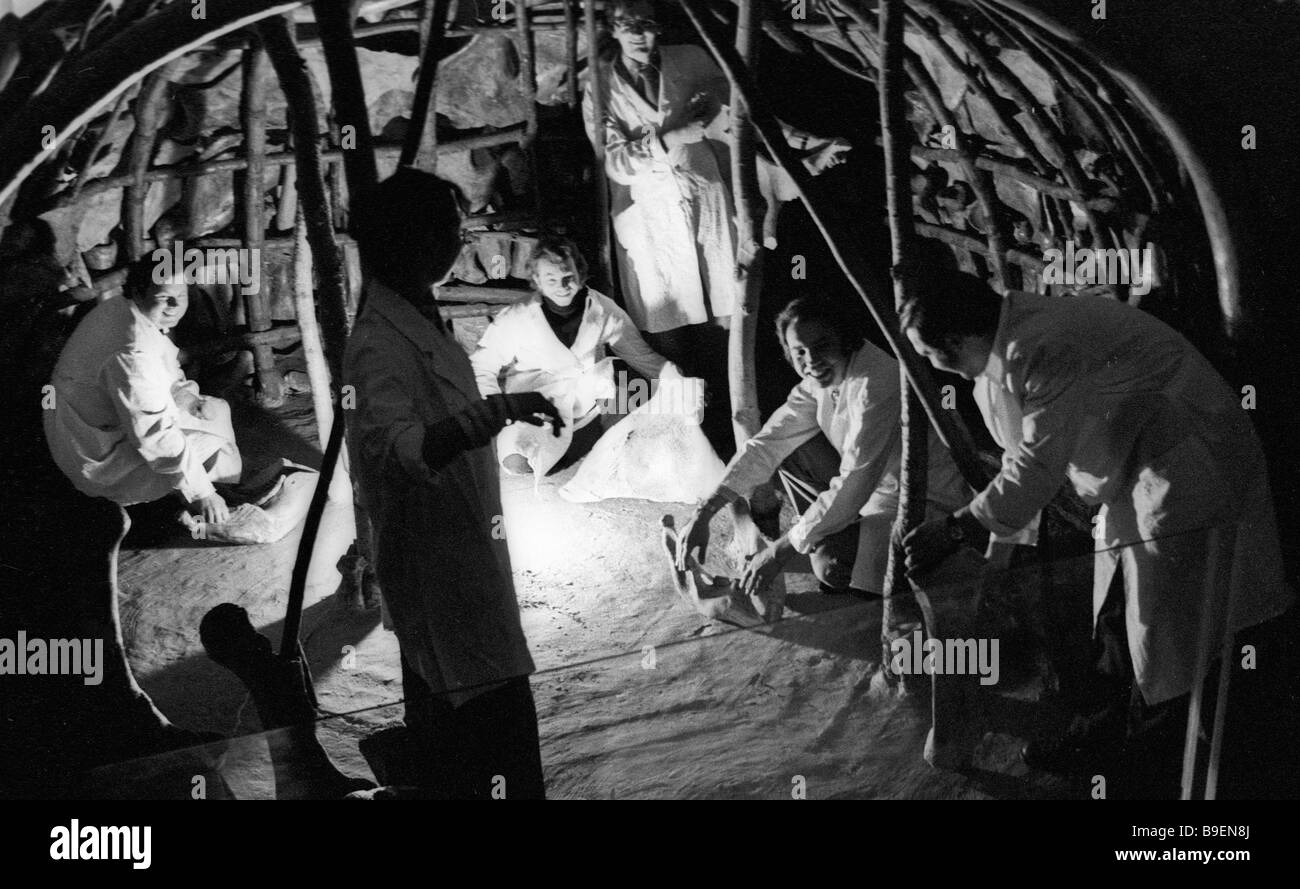 Archeologists study a mammoth bones structure in the Mezin village ...