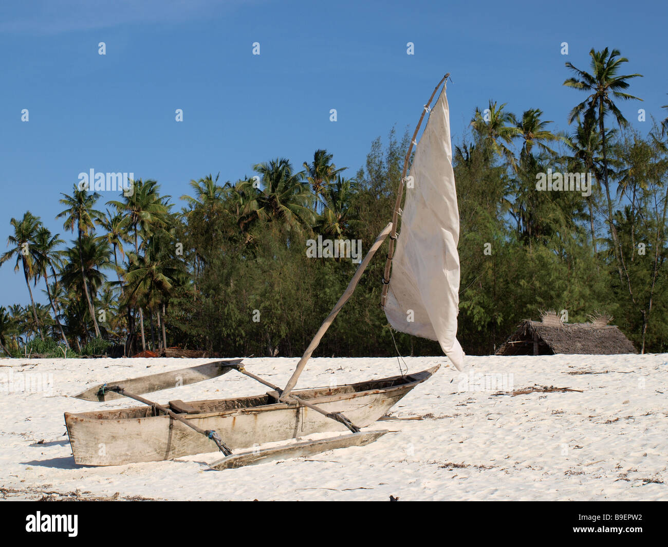 outrigger canoe with sail on sandy beach Stock Photo - Alamy