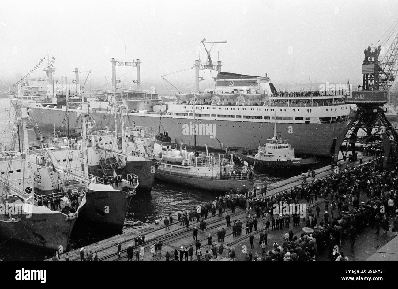 Whaling base Sovetskaya Rossia and other whaling ships moored in ...