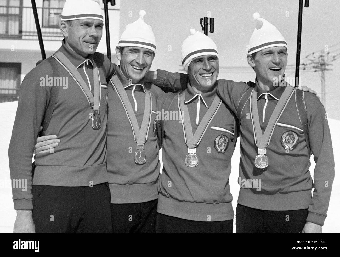 The Soviet team champion in the biathlon relay race at the 9th Winter ...