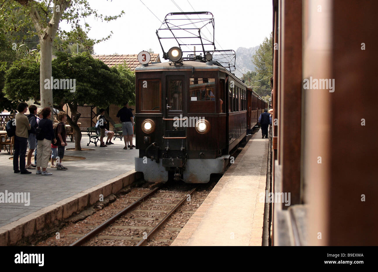 A local train on the way between Soller and Palma City, Majorca, Spain ...