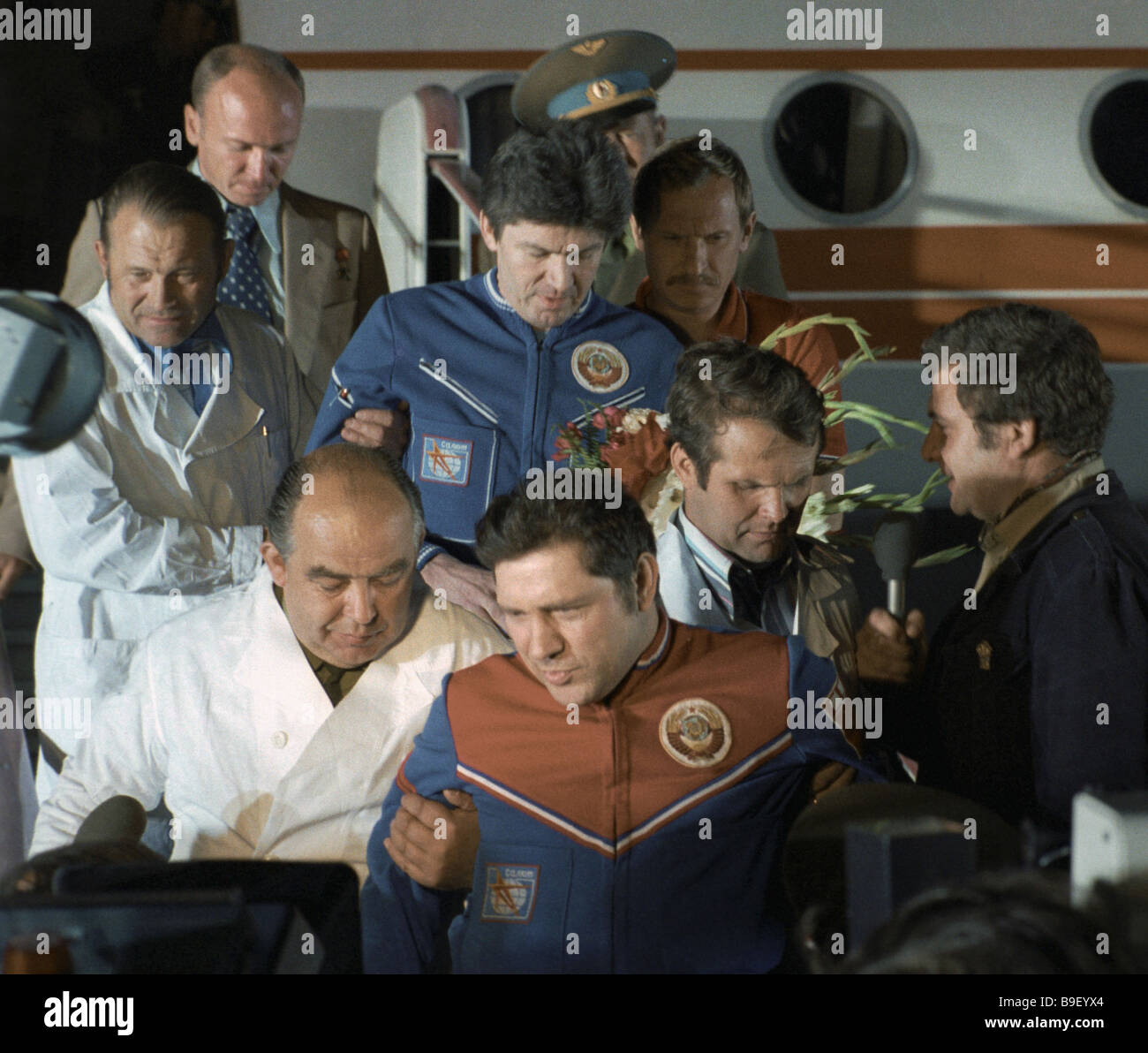 Soviet cosmonauts Vladimir Lyakhov centre front and Valery Ryumin ...