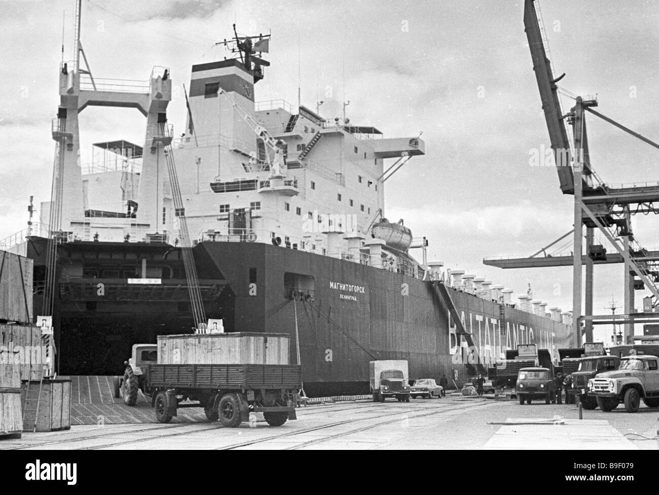 Magnitogorsk RO RO ship under loading at the Leningrad seaport terminal ...