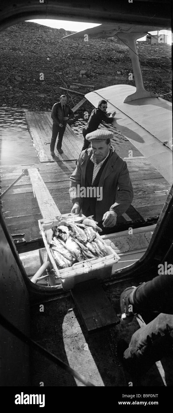 Workers load boxes with fish inside an aircraft for delivery to a fish ...