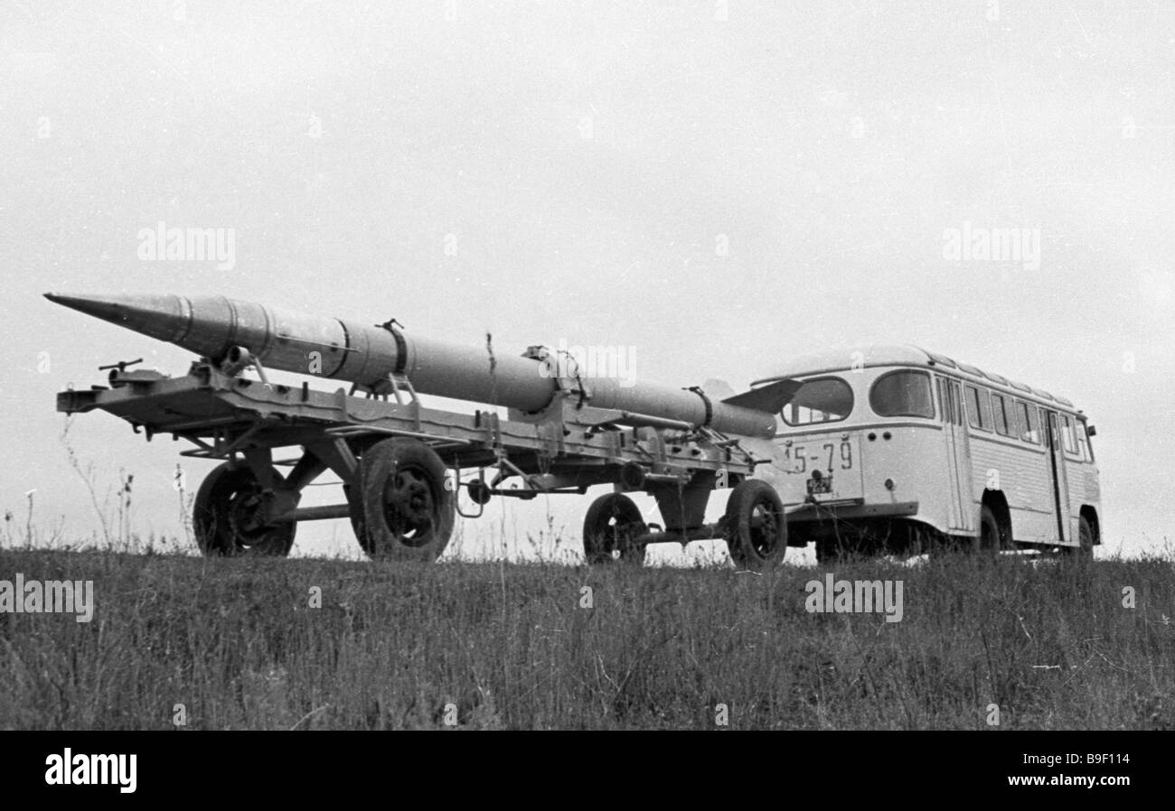 Transporting meteorological rocket MR 12 toward launch pad Stock Photo ...