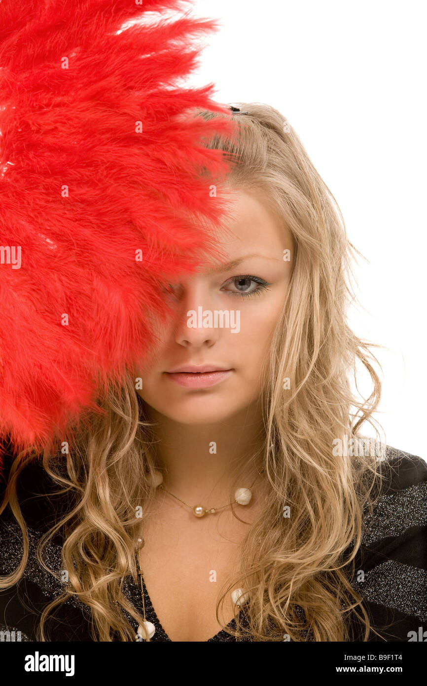 closeup portrait of the woman with red fan Stock Photo - Alamy