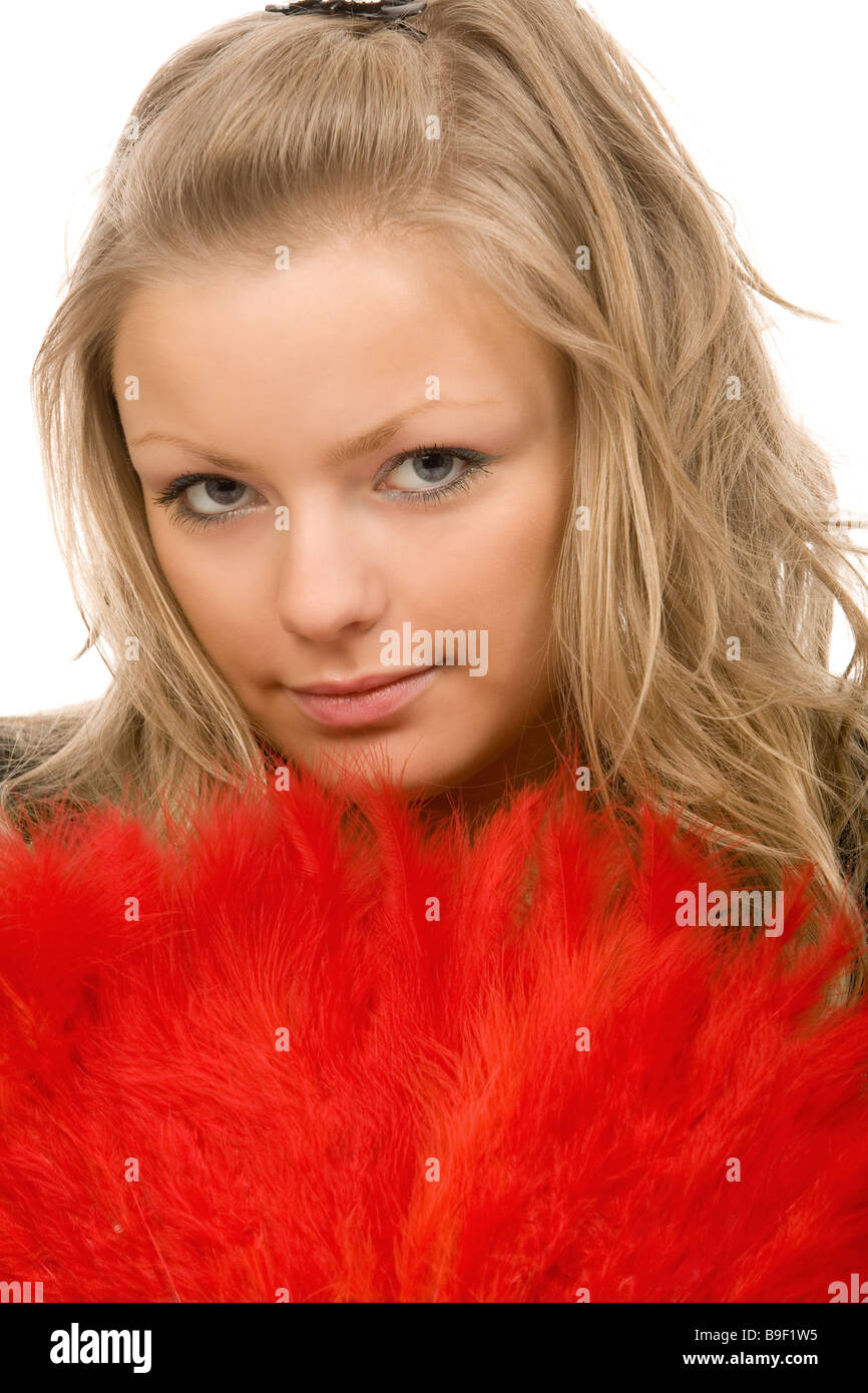 closeup portrait of the woman with red fan Stock Photo - Alamy