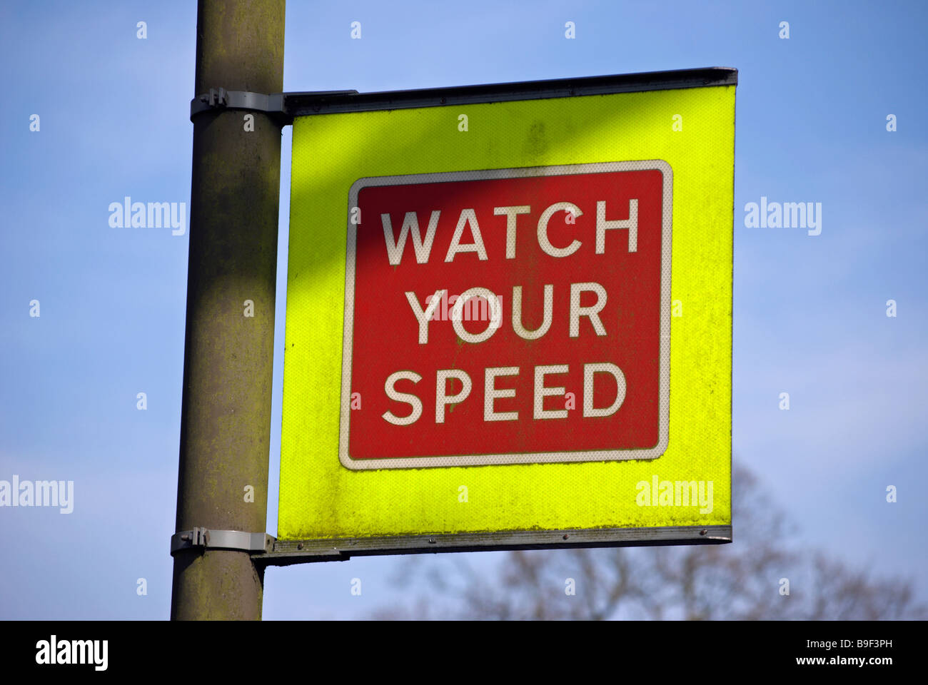 british yellow red and white watch your speed sign Stock Photo - Alamy