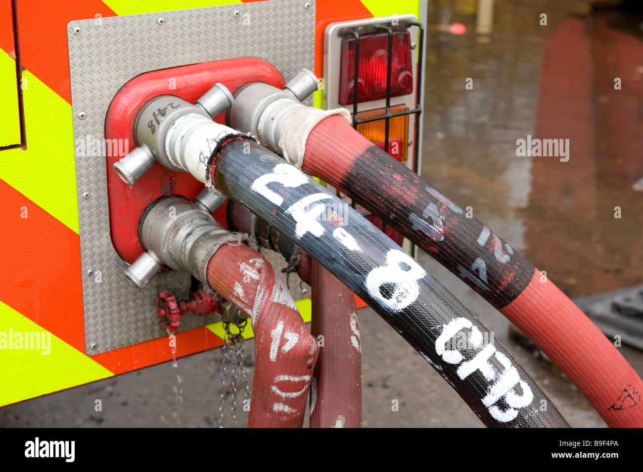 4 fire hoses connected to fire brigade Hydraulic Platform inlet ...