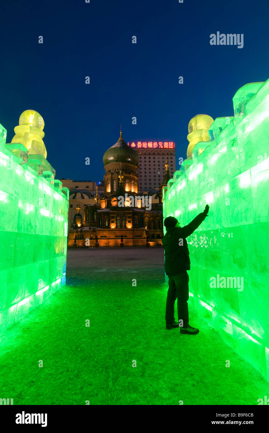 Evening view of an illuminated ice sculpture in front of St Sophia ...