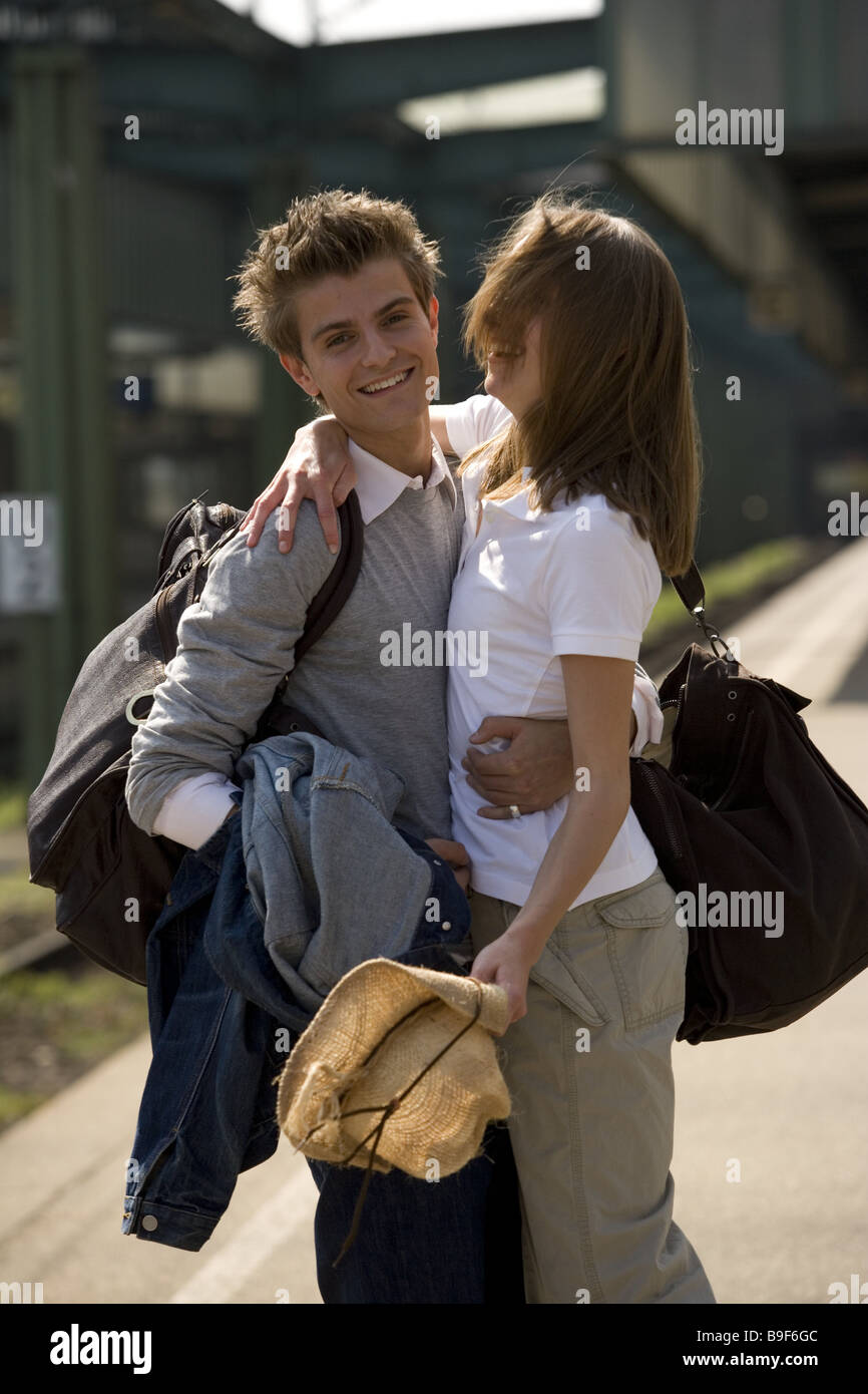 Platform couple greedsing embrace cheerfully series people love-pair ...