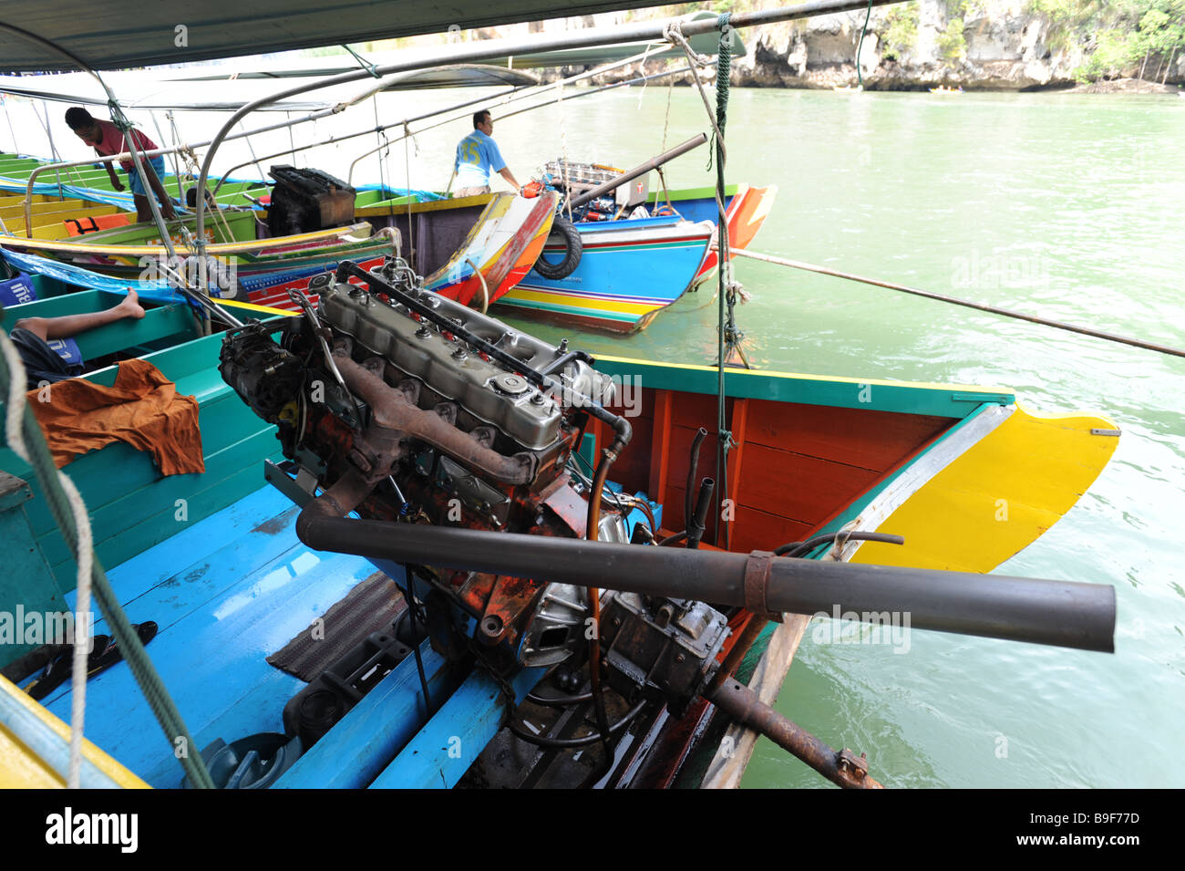 Close up of the engine of a long tailed boat off the island of Phuket ...